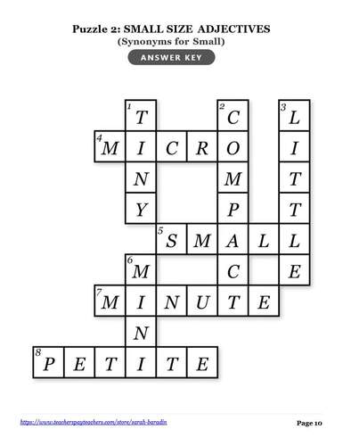 Synonyms: Size Adjectives Sub Plans: Beginner ESL Crosswords with Word Bank