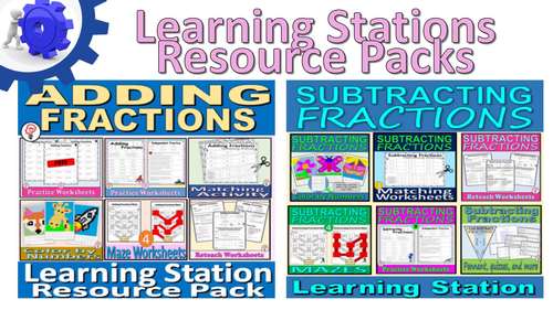 BUNDLE - Adding Fractions and Subtracting Fractions Learning Stations