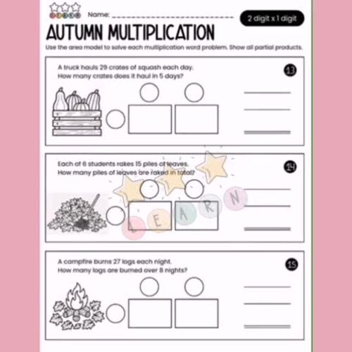 Fall Multiplication Word Problems | 2-Digit × 1-Digit with Area Models ...