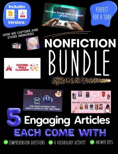 NONFICTION BUNDLE- 5 ARTICLES + COMPREHENSION AND VOCABULARY (GRADES 6-8)