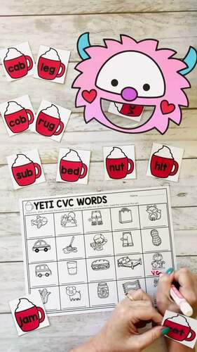 Feed the Yeti CVC Words - Valentine CVC Words - Valentine Literacy Centers