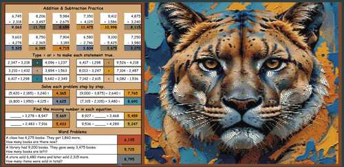 Mystery Digital Pixel Art NO PREP - Cougar Addition & Subtraction Practice