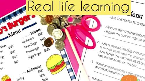 Restaurant Menu Math - Real Life Math Activity and Money and Word Problems