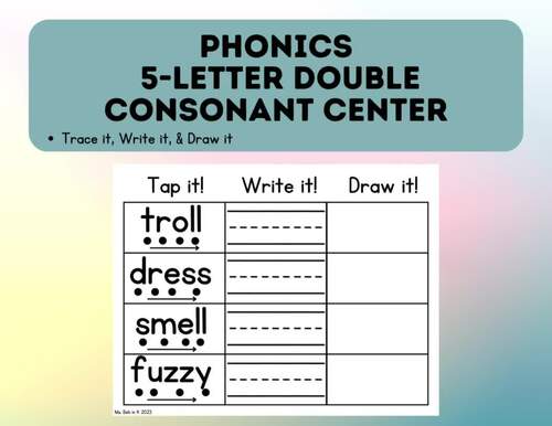 Phonics 5-Letter Double Consonant Center (Tap it, Write it, Draw it)