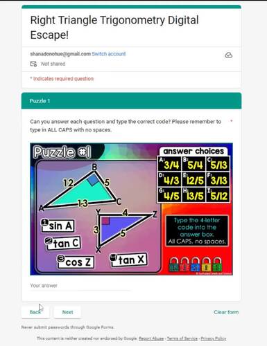 Right Triangle Trigonometry SOH CAH TOA Digital Math Escape Room Activity