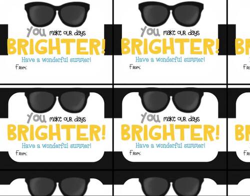 Sunglasses (Shades) End of Year Gift Tag- You make my (our) days BRIGHTER!