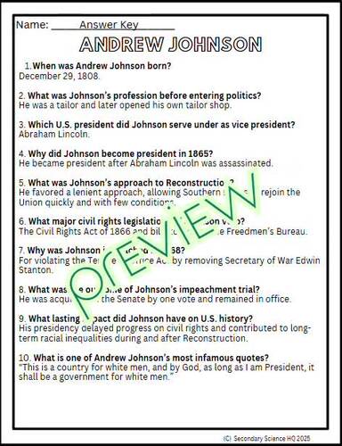 Andrew Johnson US President Study Guide & Worksheet PDF Coloring and ...