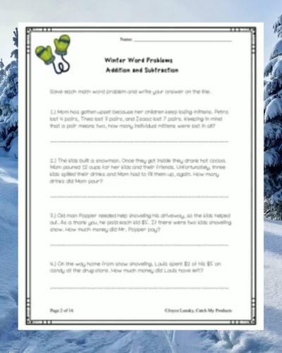 Winter Math Word Problems or Math Worksheets 2nd Grade in Print or Digital