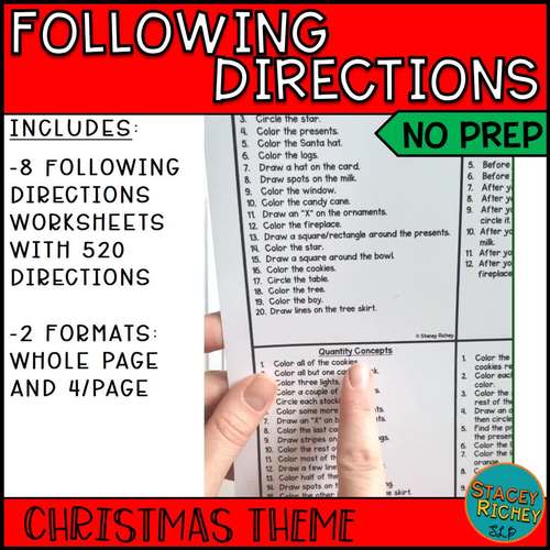No Prep Christmas Themed Following Directions Resource for Speech Therapy