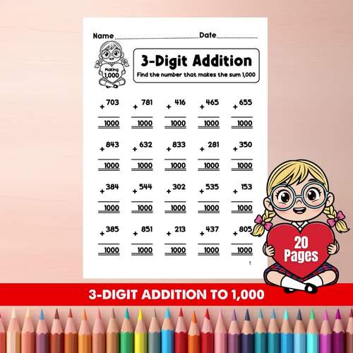 Valentine 3-Digit Addition to 1,000 Worksheets | No Prep Math Practice