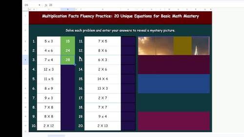 Multiplication Facts Practice Interactive Google Sheet Mystery Picture