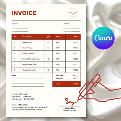 Business Invoice Template | Canva Editable Form | Receipt & Bill Printable PDF
