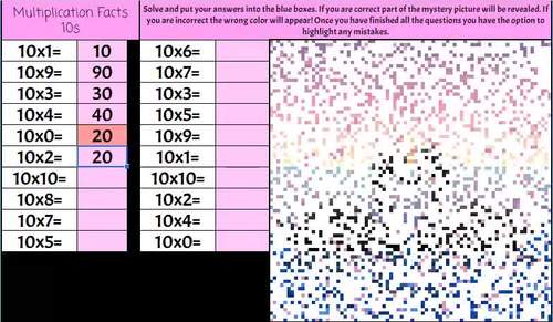 Multiplication Facts 10s Valentines Day Math Pixel Art Mystery Picture
