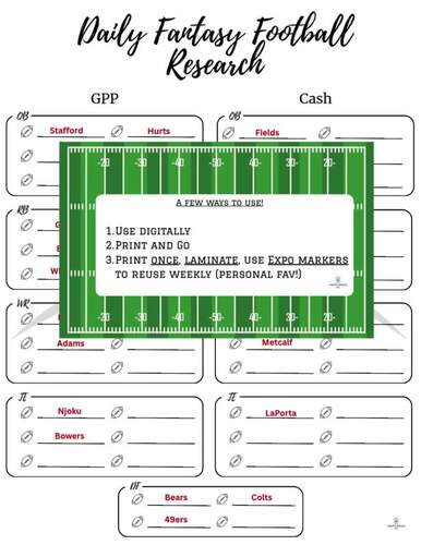 Fantasy Football Research Worksheet | Printable Sports Analysis ...
