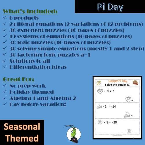 Pi Day Solving Logic Puzzles for Algebra with Exponents and Solving ...