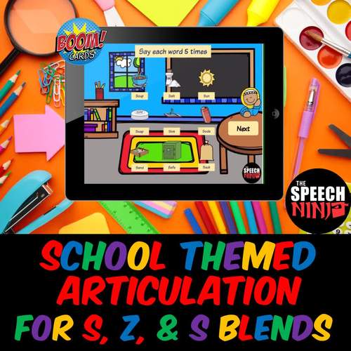 School Themed Articulation Boom Cards for S, Z, and S Blends | TPT