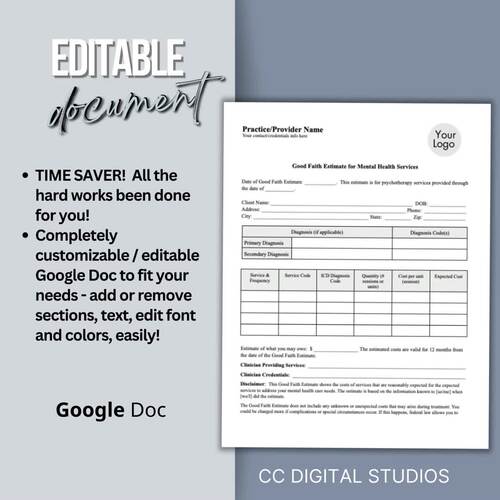 Good Faith Estimate, Google Doc Psychology Private Practice Template