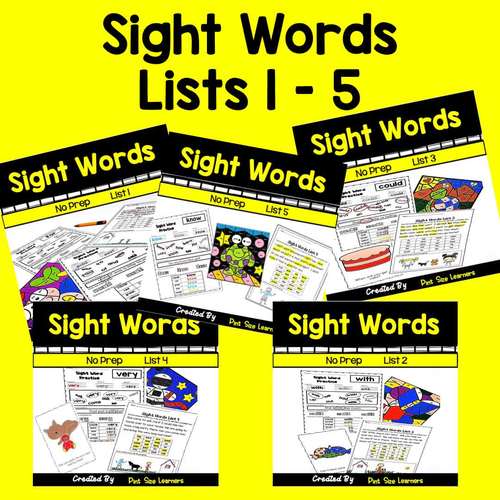 Sight Word Practice | Centers | Worksheets | List 1-5 by Pint Size Learners