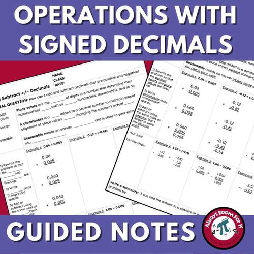 Adding & Subtracting Positive/Negative Decimals Guided Notes Middle School