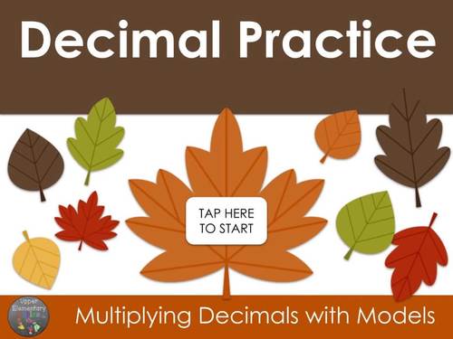 Multiplying decimals using model Fall leaves themed digital game