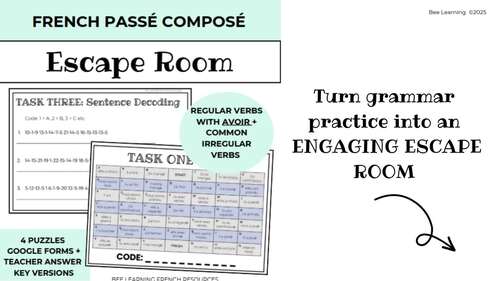 French Escape Room Passé Composé | AVOIR Verbs | Grammar Activity Print ...