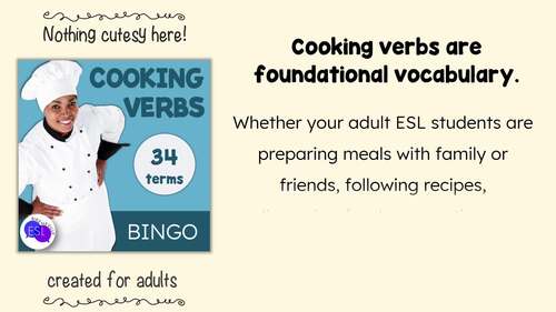 Cooking Verbs Bingo Game | ESL Vocabulary Activity | Adult ESL | TPT
