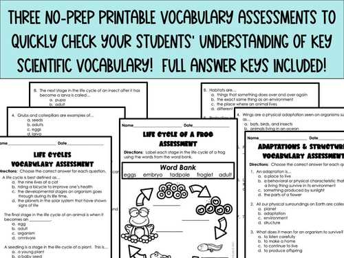Science Vocabulary Assessments | Adaptations Life Cycles | Quiz Test Review