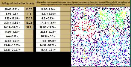 Adding and Subtracting Decimals Christmas Math Pixel Art | TPT