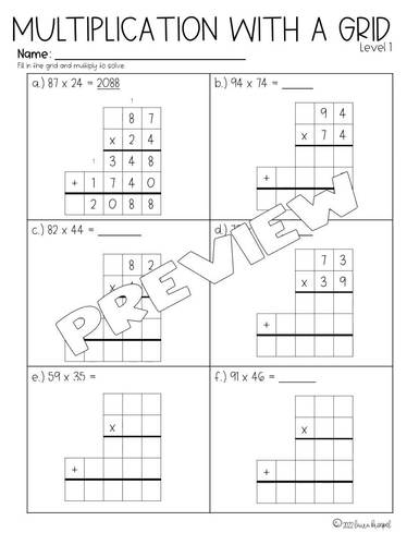 Leveled Multiplication in a Grid or Graph Paper (decimals and whole ...