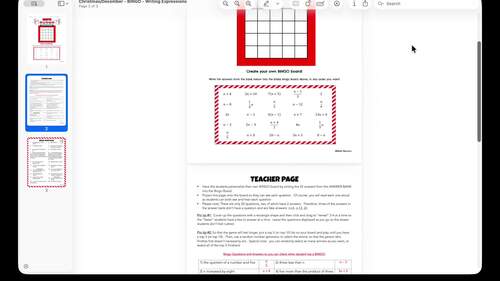 6th Grade Christmas Math Bingo Review Game Translating Algebraic ...