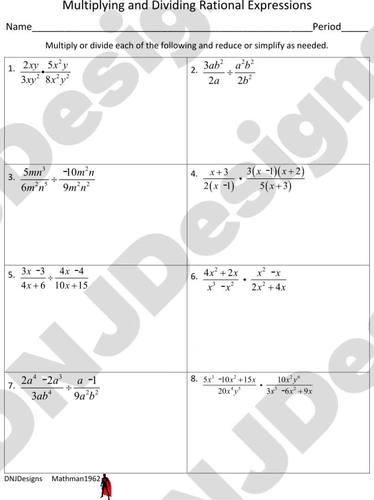 Multiplying and Dividing Rational Expressions Printable/Handout/Homework
