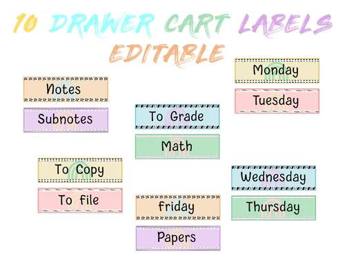 Printable Pastel Rainbow 10 Drawer Cart Labels, Rolling Cart labels ...
