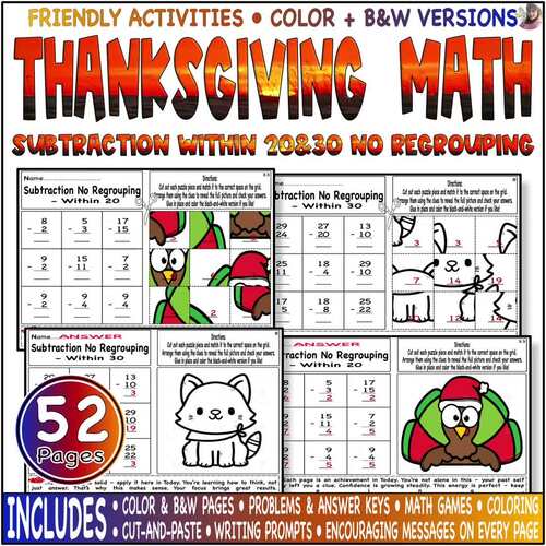 Subtraction within 20 & 30 Without regrouping | Thanksgiving Activities ...