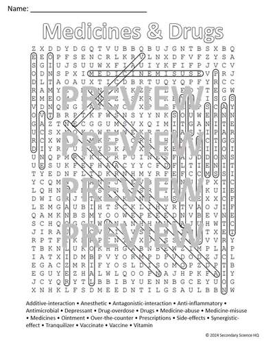 Medicines and Drugs Vocabulary Wordsearch Puzzle by Secondary Science HQ