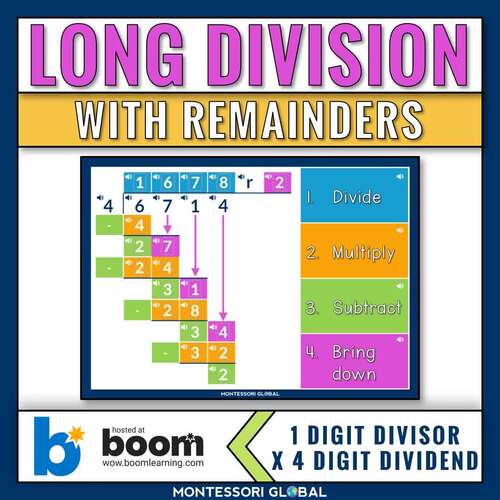 Long Division with Remainders, 1-Digit Divisors, 4th Grade, Boom Cards