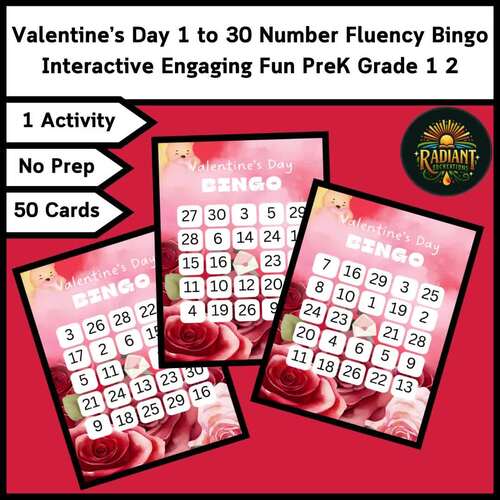 Valentine Day 1 to 30 Number Fluency Bingo Interactive Engaging PreK ...