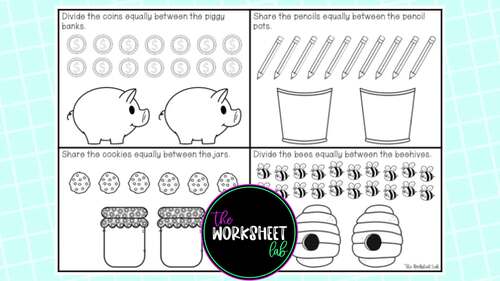 Division: Divide By 2 -Making equal groups by sharing and grouping B&W