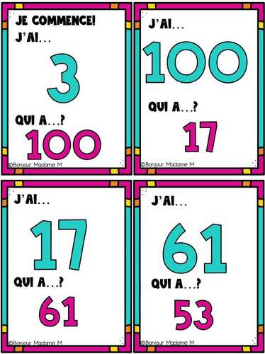FRENCH Math game J'ai... Qui a...? Les Nombres 1-100 | Numbers 1-100
