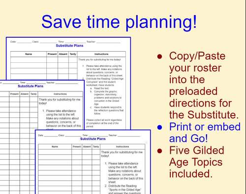 No Prep! Five Gilded Age Emergency Sub Plans and Activities Bundle