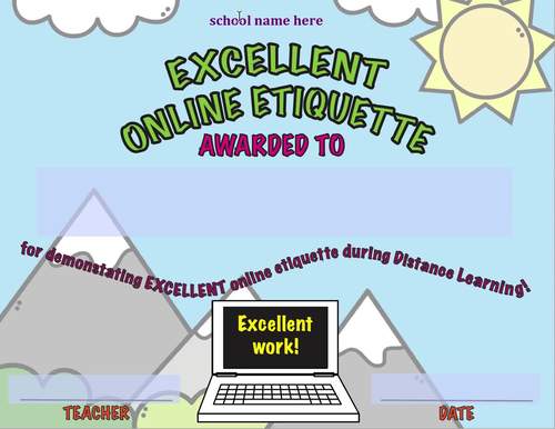 Distance Learning Certificate -Excellent Online Etiquette- Editable PDF