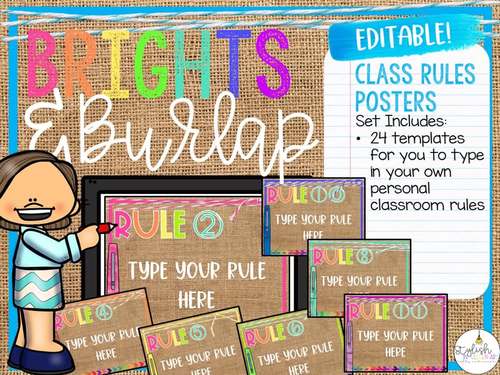 Stylish Brights and Burlap | EDITABLE Class Rules Posters | TPT
