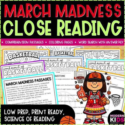 March Madness Basketball Reading Comprehension Passages, Coloring ...