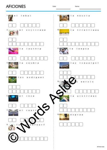 Spanish Vocabulary Worksheets Cards Crossword Word Search Anagram HOBBIES
