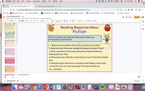 Reading log for distance learning - Google Classroom - Fiction and fiction
