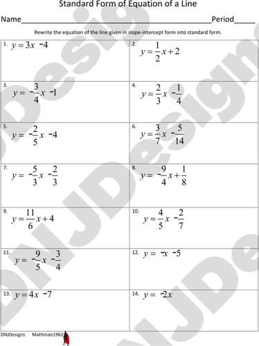 Slope-Intercept Into Standard Form Printable/Handout/Homework | TPT
