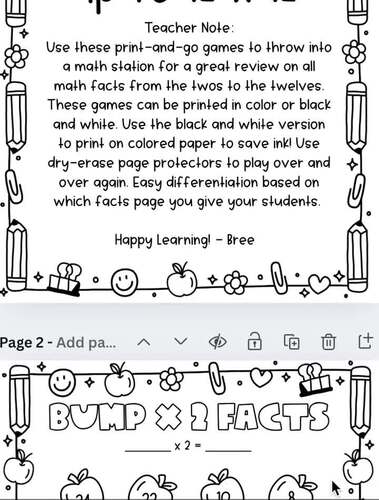 Multiplication Bump up to 12x12- Back to School Theme- 11 Print & Go Games