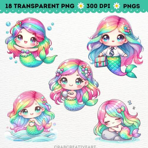 Mermaid Clipart l Rainbow Mermaid PNG, Printable Watercolor clipart ...