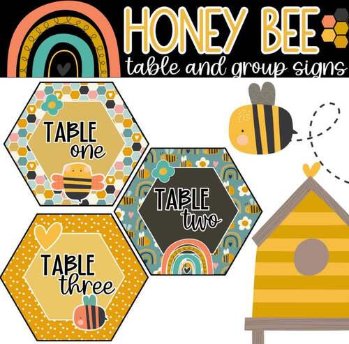 EDITABLE Table and Group Signs | Honey Bee Theme | CANVA and PowerPoint