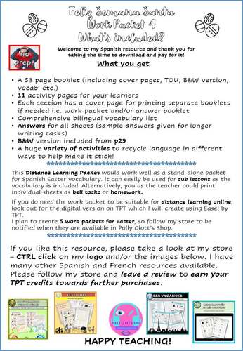 Spanish Semana Santa Easter Work Packet 4 ≌9th grade by Polly Glott's Shop