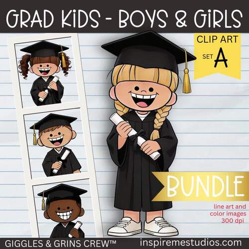 Kindergarten Graduation Kids Clipart BUNDLE — Cap and Gown, Black - Set A